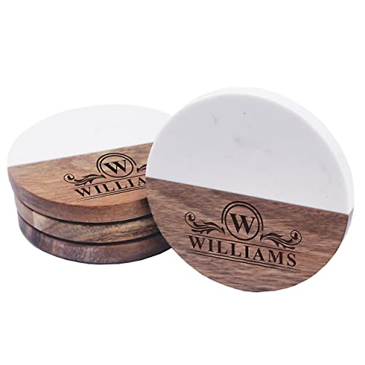 Custom Personalized Set of 4 Marble and Acacia Coasters for Drinks, Couples, Wedding Gift, New Home (Round Marble and Acacia)