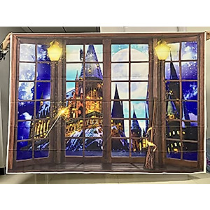 Magic Castle School Backdrop for Photography 7x5FT Window Night Full Moon Stars Glitter Wizard Halloween Photo Background Kids Birthday Party Decoration Banner Photo Booth Props (2.1mx1.5m)