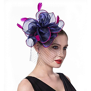Fascinators Hat for Women Tea Party Headband Girls Flapper Headpiece Kentucky Church Derby Wedding (FM02-Navy and Rose)
