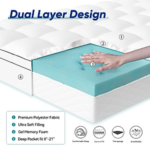 Memory Foam Mattress Topper Queen 4 Inch, Dual Layer 2 Inch Gel Memory Foam Plus 2 Inch Cooling Pillow Top Mattress Pad with 8-21 Inch Deep Pocket, Comfort Support for Back Pain