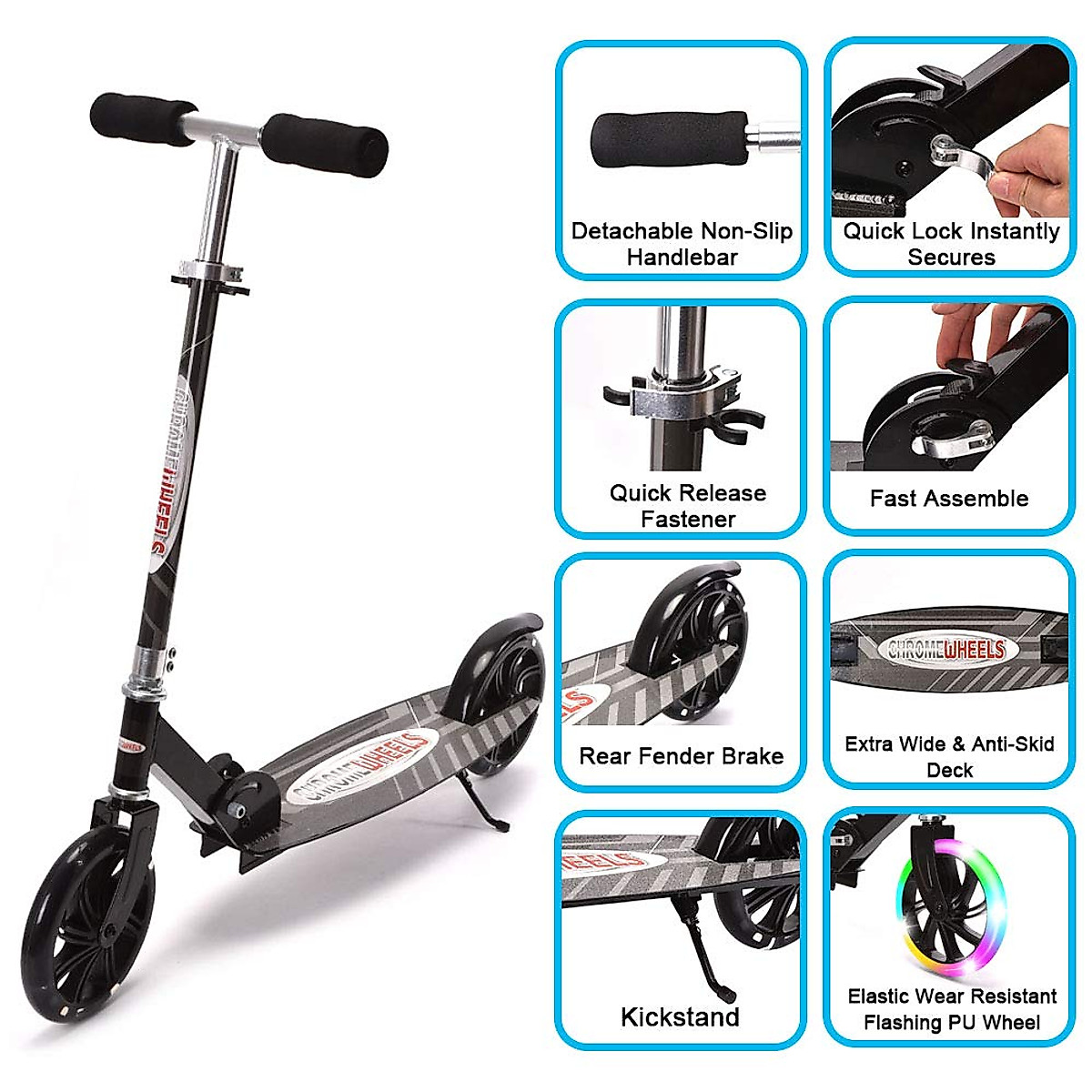 ChromeWheels Kick Scooter, Deluxe 8" Large 2 Light Up Wheels Wide Deck 5 Adjustable Height with Kickstand Foldable Scooters, Best Gift for Age 9 up Kids Girls Boys Teens, 180 lbs Weight Limit, Black