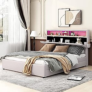Queen Size Upholstered Platform Bed Frame for Boys Girls Kids Toddler with Storage Headboard, LED, USB Charging and 2 Drawers, Beige
