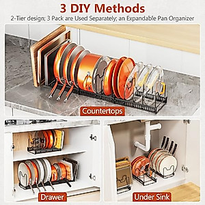 MonaSixy Pots and Pans Organizer Under Cabinet,Expandable Pan Organizers Inside Cabinet, 3 Methods 14 Adjustable Divider, 3-Pack Pot Lid Rack Holder Kitchen Storage for Cookware, Baking Sheet