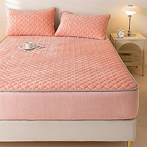 Velvet Fitted Sheet Full Size,Plush Thicken Quilted Mattress Cover 2 Pillowcases-Fuzzy Flannel Bed Sheets with 13'' Deep Pocket,Suitable for Fall Winter and Spring (Pink, Full)