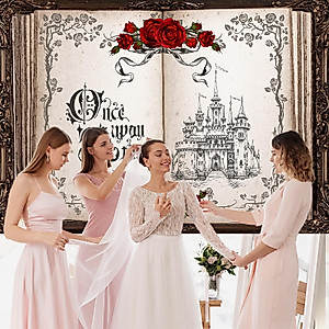 Mocsicka Once Upon a Time Backdrop Princess Castle Wedding Party Background Fairytale Book Red Roses Bridal Shower Party Cake Table Decoration Photo Booth Props (7x5ft)