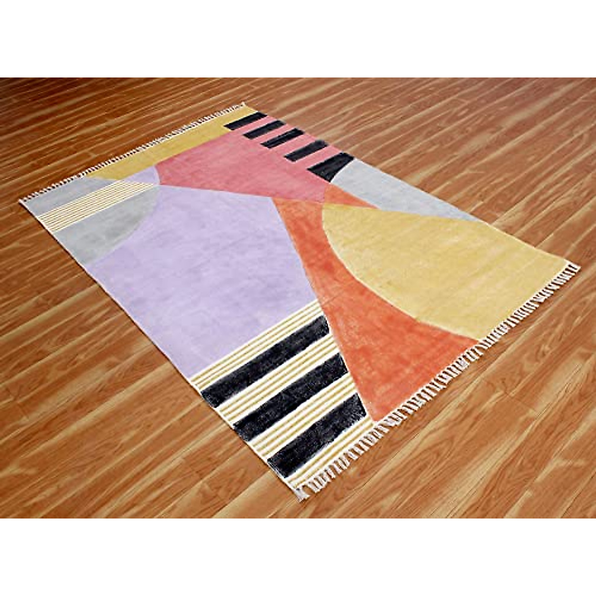 Casavani Hand Made Cotton Dhurrie Geometric Yellow & Pink Tassel Rug Easy Care Washable Rugs for Doormat Entryway Living Room Bedroom Hallway Balcony 4x12 Feet Runner