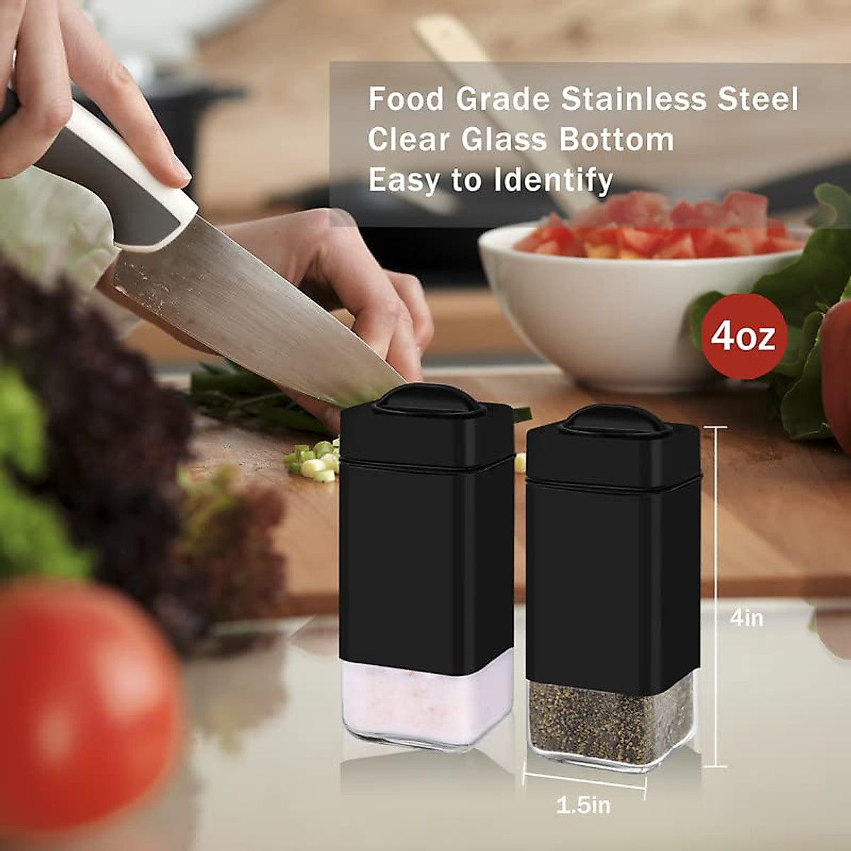 Black Salt and Pepper Shakers by Aelga, Salt Shaker with Adjustable Pour Holes, Glass Salt Pepper Shaker Set, Perfect for Black Pepper, Kosher and Sea Salt