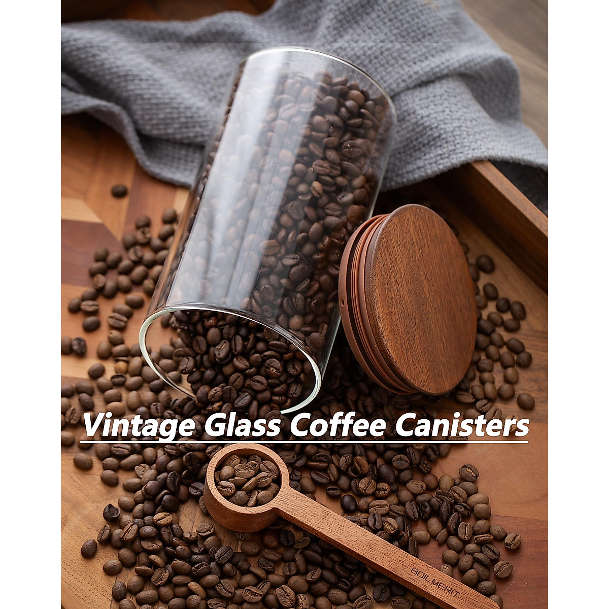 BOILMERIT 37 oz Coffee Canister with Scoop and Wooden Lids, Airtight Coffee Storage Container Sets of 2 for Ground Coffee, Glass Coffee Jars for Coffee Beans, Coffee Bar Organizer, Kitchen Countertop