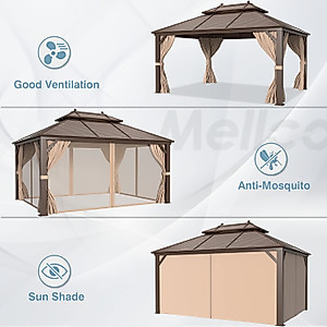 MELLCOM 10' x 13' Hardtop Gazebo, Galvanized Steel Metal Double Roof Aluminum Gazebo with Curtains and Netting, Brown Permanent Pavilion Gazebo with Aluminum Frame for Patio, Lawn & Garden