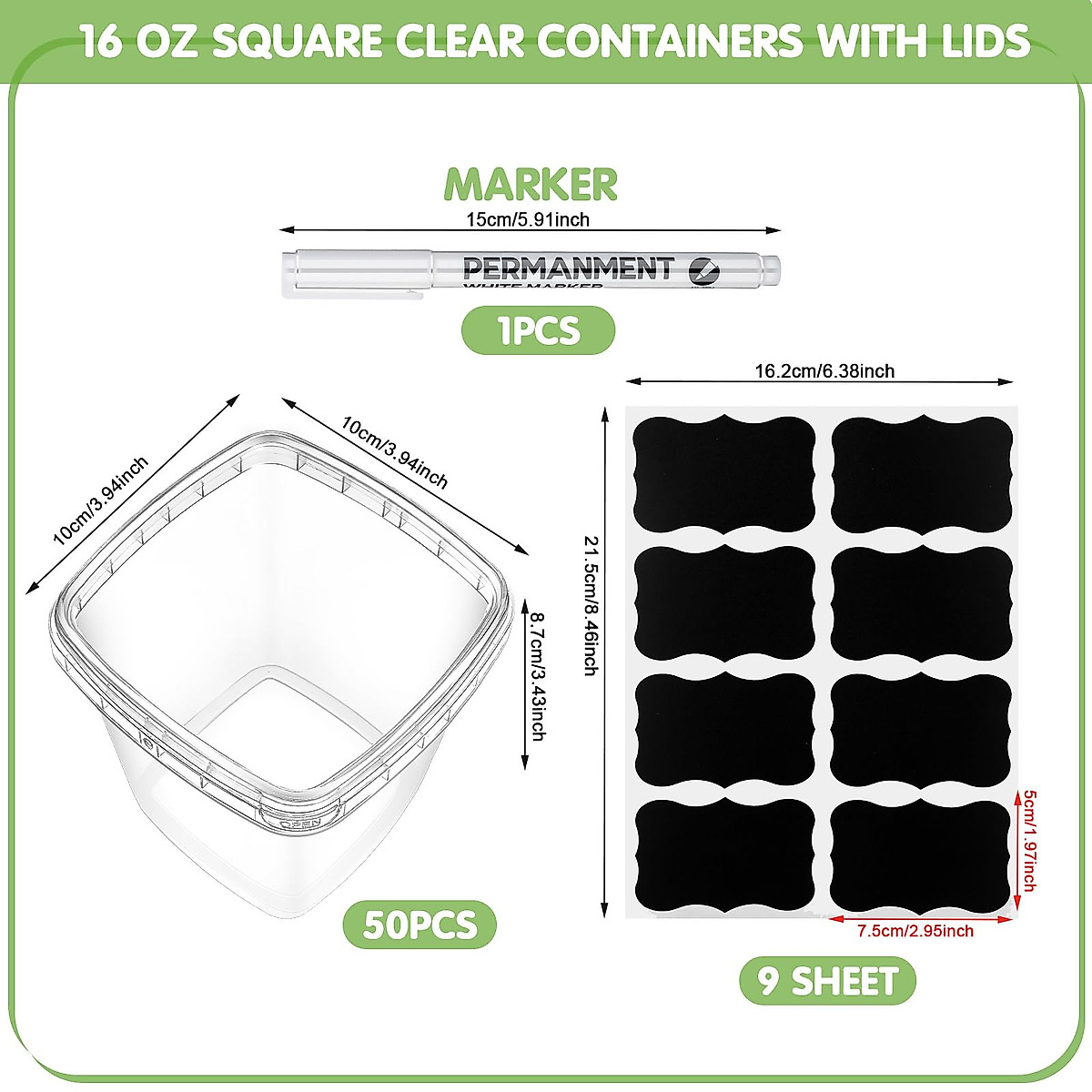 Jinei 50 Pcs 16 oz Plastic Deli Containers with Lids Clear Square Food Storage Containers Stackable Airtight Square Container with Lids with 9 Labels and Marker for Kitchen Storage Meal Take out