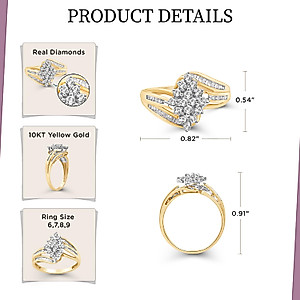 Jewelili 10K Yellow Gold 1/2 CTTW Natural White Round and Baguette Diamond Cluster Ring for Women | Classic Jewelry with Gift Box | Timeless Fashion Jewelry Gift for Her | Size 9