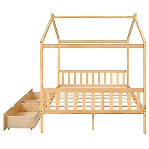 Harper & Bright Designs Full Size House Bed for Kids, Montessori Bed, Wood Full Platform Bed Frame with 2 Storage Drawers, Headboard and Footboard, Full Storage Bed for Kids, Girls & Boys, Natural