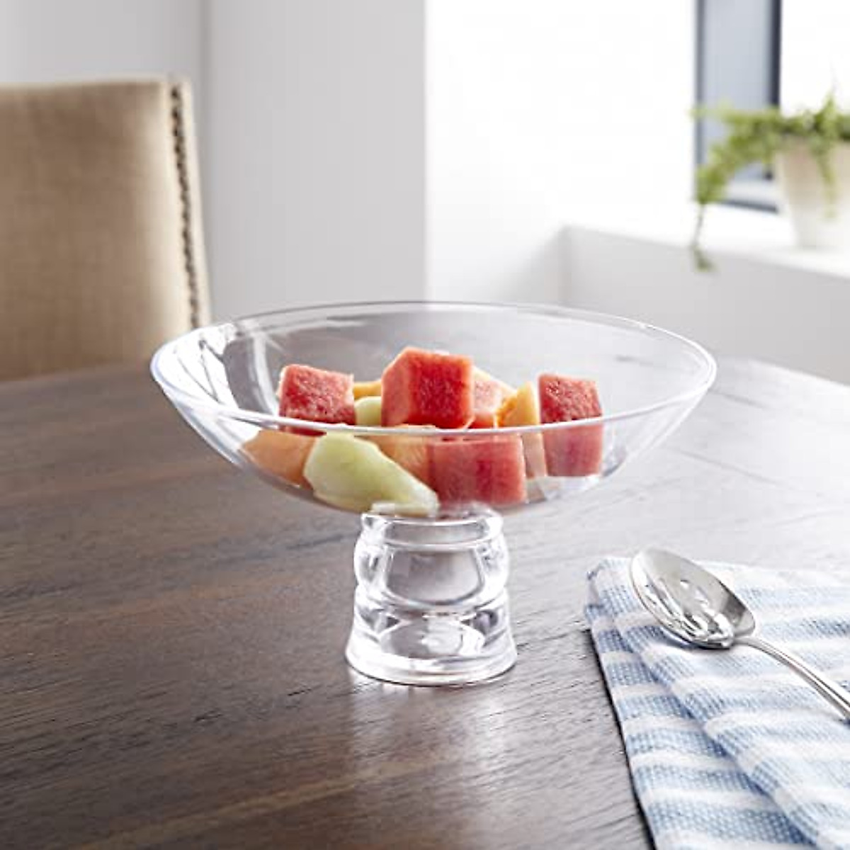 Huang Acrylic Clear Large Round Fruit Bowl with Multifunctional Removable Pedestal | Decorative Kitchen Table or Countertop Centerpiece Stand | 10.5 x 10.5 x 5.5 inches