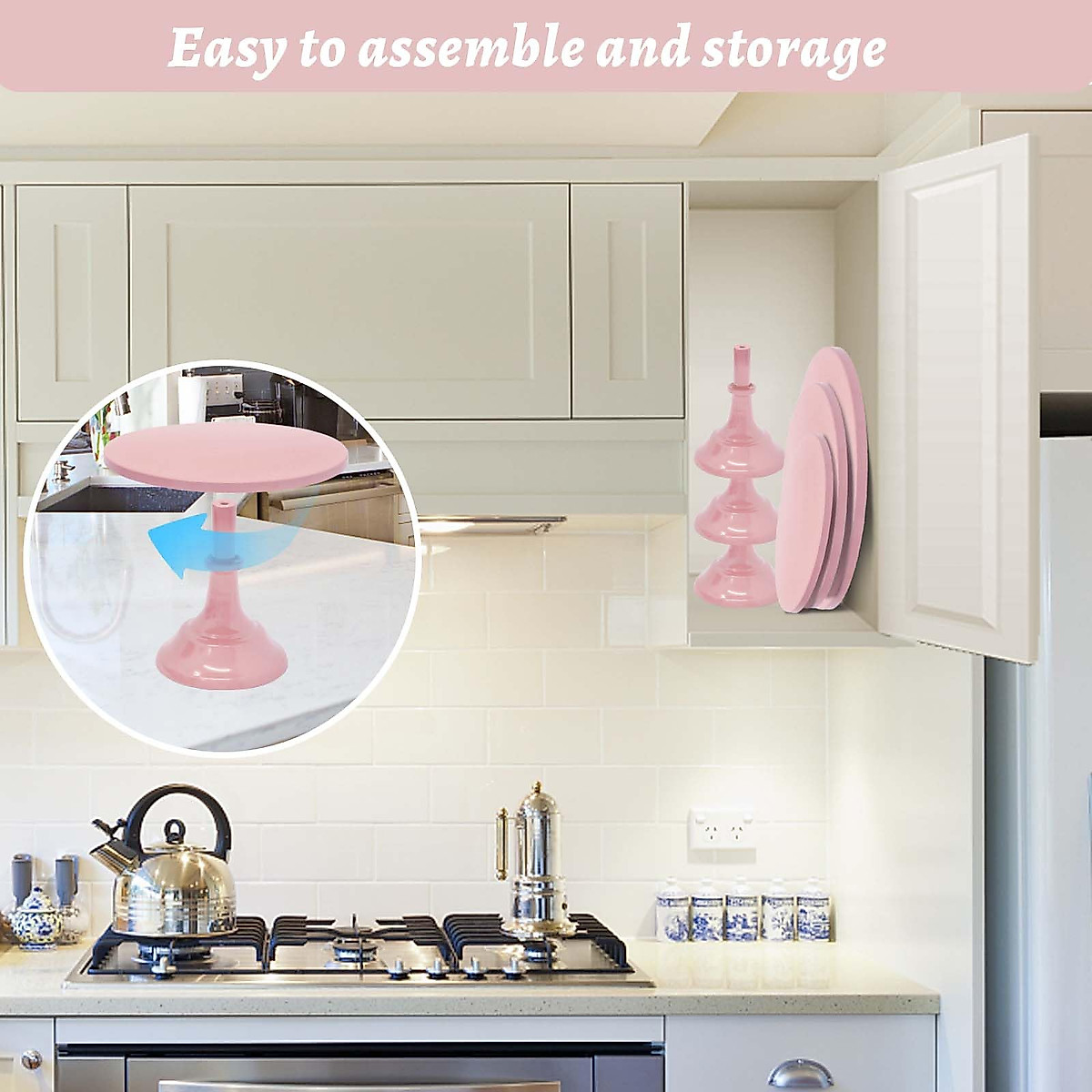 PNBO 3pcs Round Cake Stands - Pink Small Cake Stand Set - Cake Display Stands for Dessert Table - Cake Plate for Girl's Birthday Parties,Baby Shower,Weddings,Graduation Ceremonies,Anniversaries