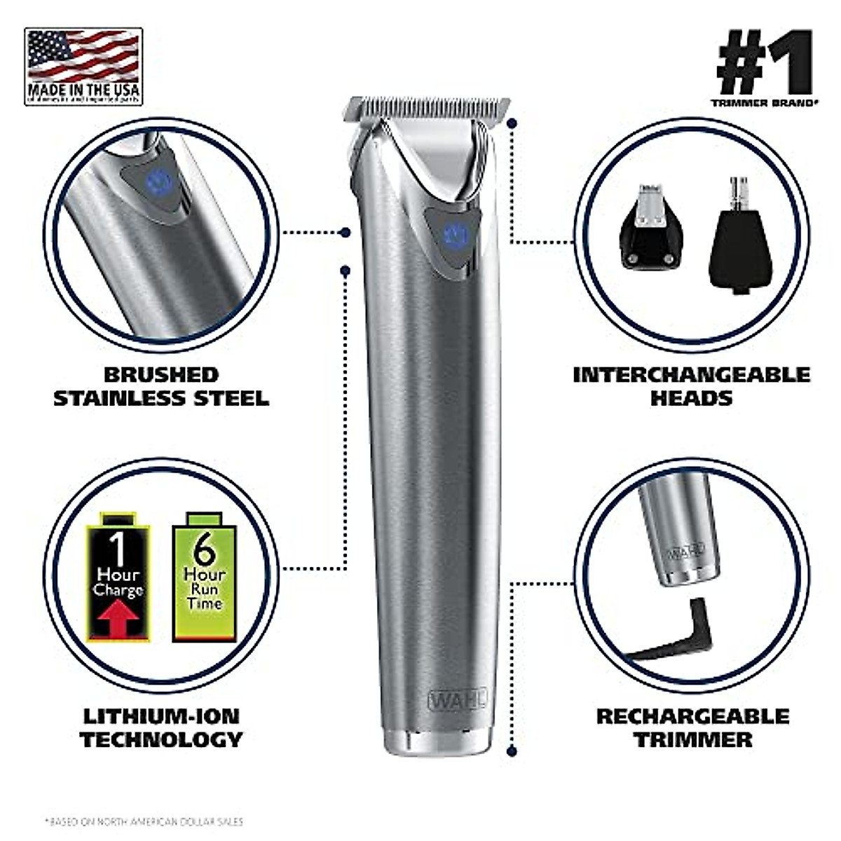 Wahl Stainless Steel Lithium-Ion Cordless Beard Trimmer for Men – Rechargeable All in One Men’s Trimmer with Rotary Ear & Nose Trimmer, & Detail Trimmer – Model 9818A