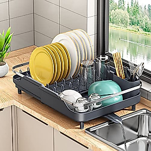 PXRACK Dish Drying Rack,Expandable(11.5"-19.3") Dish Racks for Kitchen Counter, Dish Rack and Drainboard Set, Dish Drainer with Utensil Holder for Kitchen Sink Organization Storage, Grey