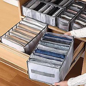 Mesh Wardrobe Clothes Organizer for Jeans and shirt, Upgraded Sturdy Large Drawer storage box for Clothing with Handle Foldable, Drawer Organizers Clothes (4 Packs: Shirt+Jeans+T-Shirt, Grey)