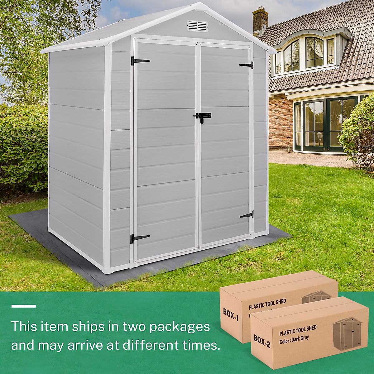 Seizeen 6x4.4ft Resin Shed with Floor, Waterproof Outdoor Plastic Garden Shed with Lockable Doors, Window & Vents, Outdoor Storage Shed for Storing Patio Furniture, Tools, Bike and Lawn Mower (Gray)