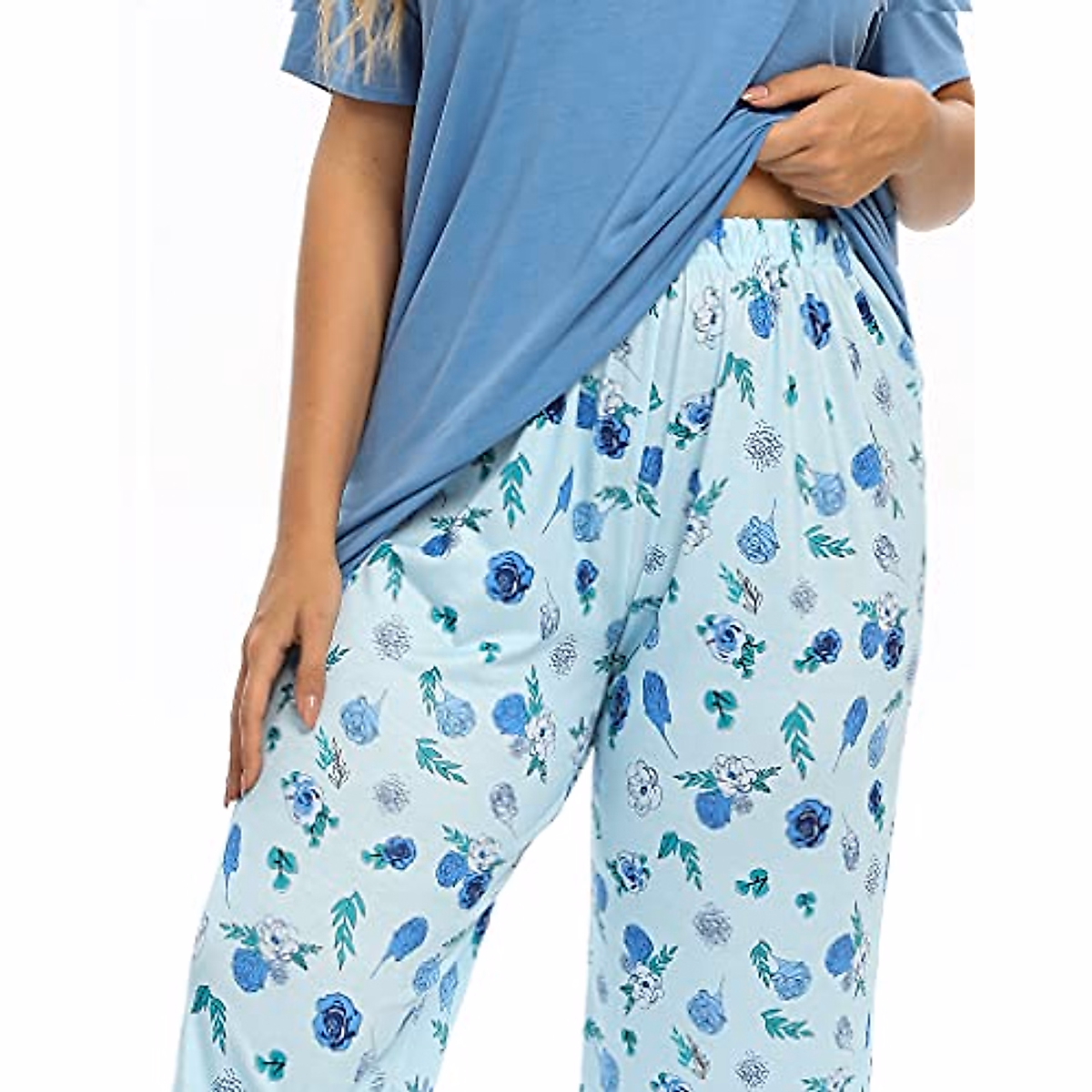 Vozanet Women's V Neck Sexy Pajama Sets Capri Sleepwear Floral Elegant Nighty 2PCS Plus Size S-3XL, Florals-Blue, XXX-Large