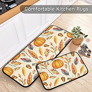 Emelivor Pumpkins Kitchen Rugs and Mats Set 2 Piece Non Slip Washable Runner Rug Set of 2 for Kitchen Floor Home Sink Ladunry Office