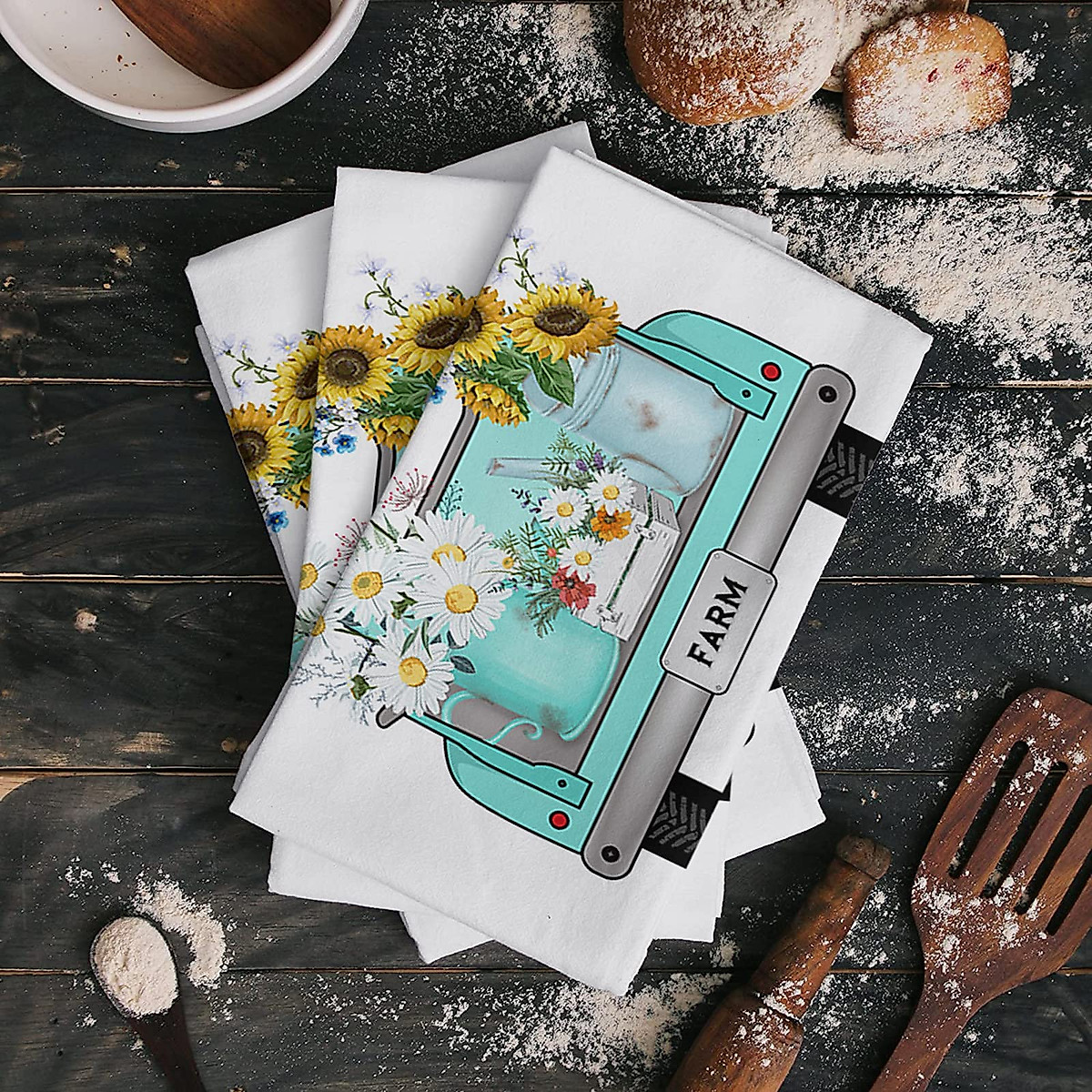 Zadaling Sunflower Farmhouse Daisy Blue Truck Kitchen Towels, 18x28 Inches Soft Dish Cloth,Cotton Tea Towels/Bar Towels/Hand Towels for Bathroom(2 Pack)