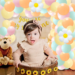 Pink，Yellow, Green, Orange Balloons Garland 12inch 10inch 5inch Pastel Balloons with Daisy Foil Balloons for Sunflower Daisy Birthday Wedding Bridal Shower Baby Shower Bachelorette Party