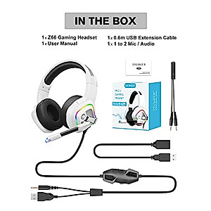 ZIUMIER Z66 White Gaming Headset with Microphone, Wired Over-Ear Headphone for PC PS4 PS5 Xbox One Controller, RGB LED Light, Bass Surround Sound