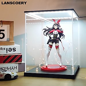 LANSCOERY Clear Acrylic Display Case with LED Light, Large Showcase and Display Box, Dustproof with UV Protection, Perfect for Figures Collectibles - 11.8x11.8x15.7inch