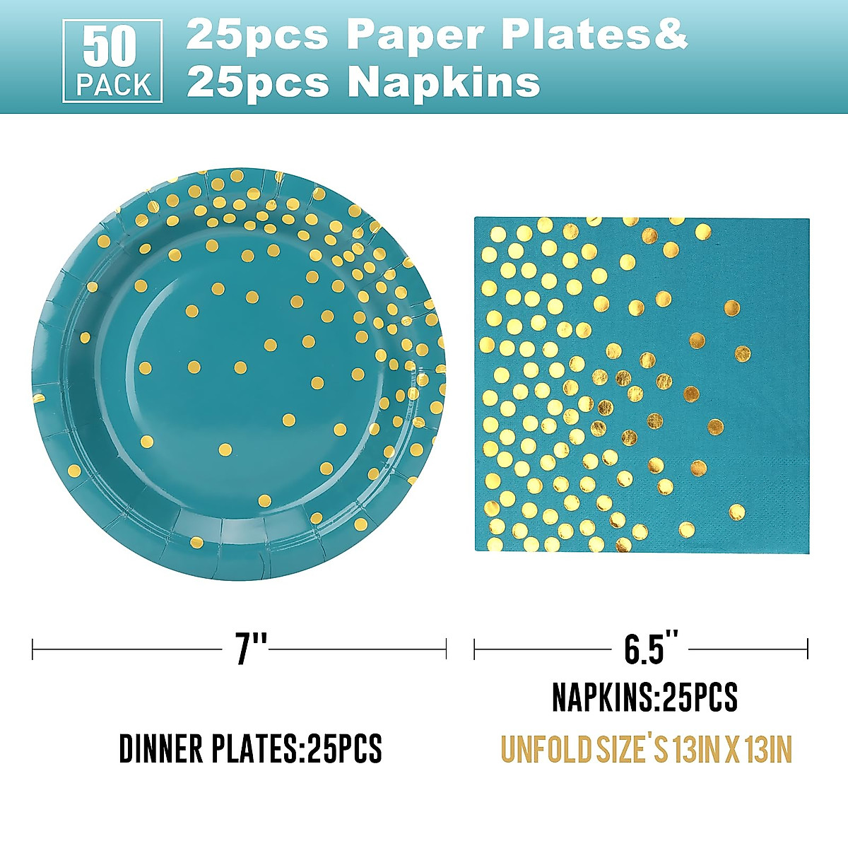 CENLBJ Blue Green Gold Paper Plates and Napkins - 25 x 7'' Dessert plates & 25 x 6.5'' Napkins,Green Paper Plates for Appetizers,Cakes,for Birthday,Father's Day,Independence(Serve 25)
