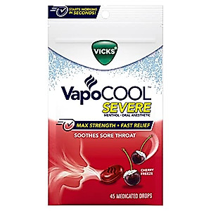 Vicks VapoCOOL SEVERE Medicated Sore Throat Drops, Fast-Acting Max Strength Relief, Soothes Sore Throat Pain Caused by Cough, Powerful Vicks Vapors, Menthol, Cherry Freeze, 225 Total (5 Packs of 45)