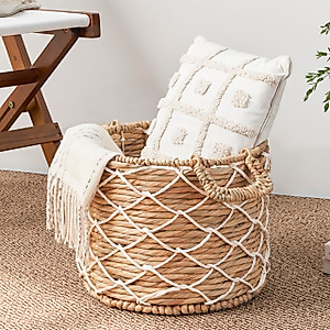 Woven Water Hyacinth Wicker with Rope Storage Basket (18" x 18" x 15" - Natural Brown) - Ideal for Halloween, Thanksgiving, and Home Organization