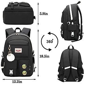 Backpack for Teen Girls Aesthetic School Backpack for College Middle High Elementary School Laptop Backpacks 15.6 Inch Cute School Bag Lightweight Waterproof Bookbag Women Casual Daypack (Black)
