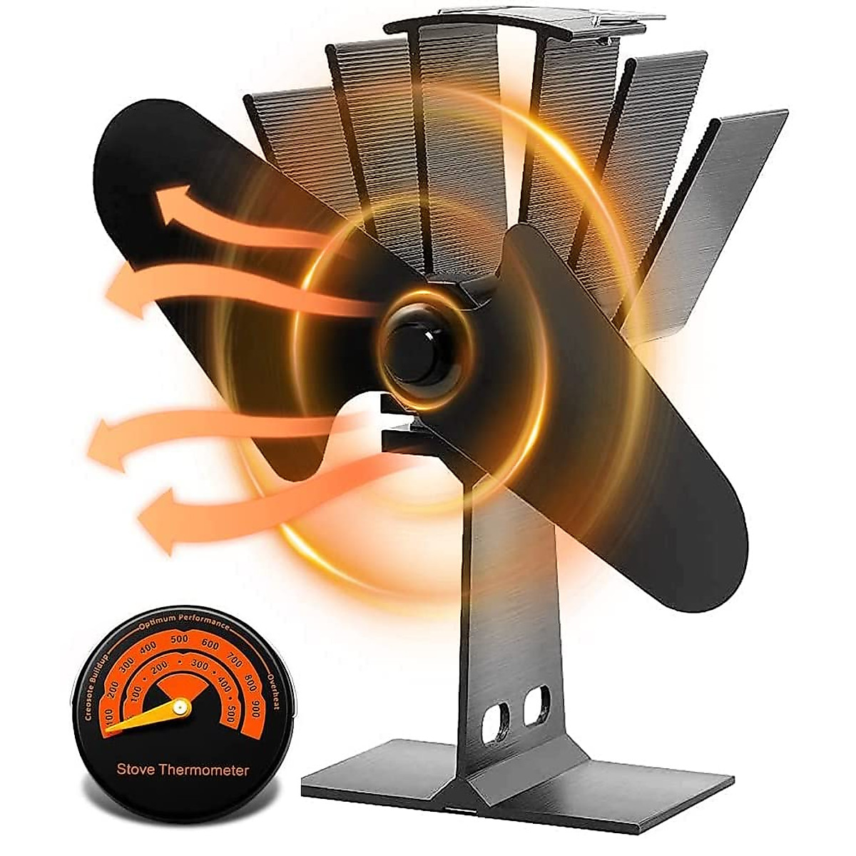 COMBIUBIU Wood Stove Fan Heat Powered 2 Blade Fireplace Fan with Magnetic Thermometer No Electricity Required,Silent Operation,Stove Fan for Gas/Pellet/Wood Burning Stove Accessories