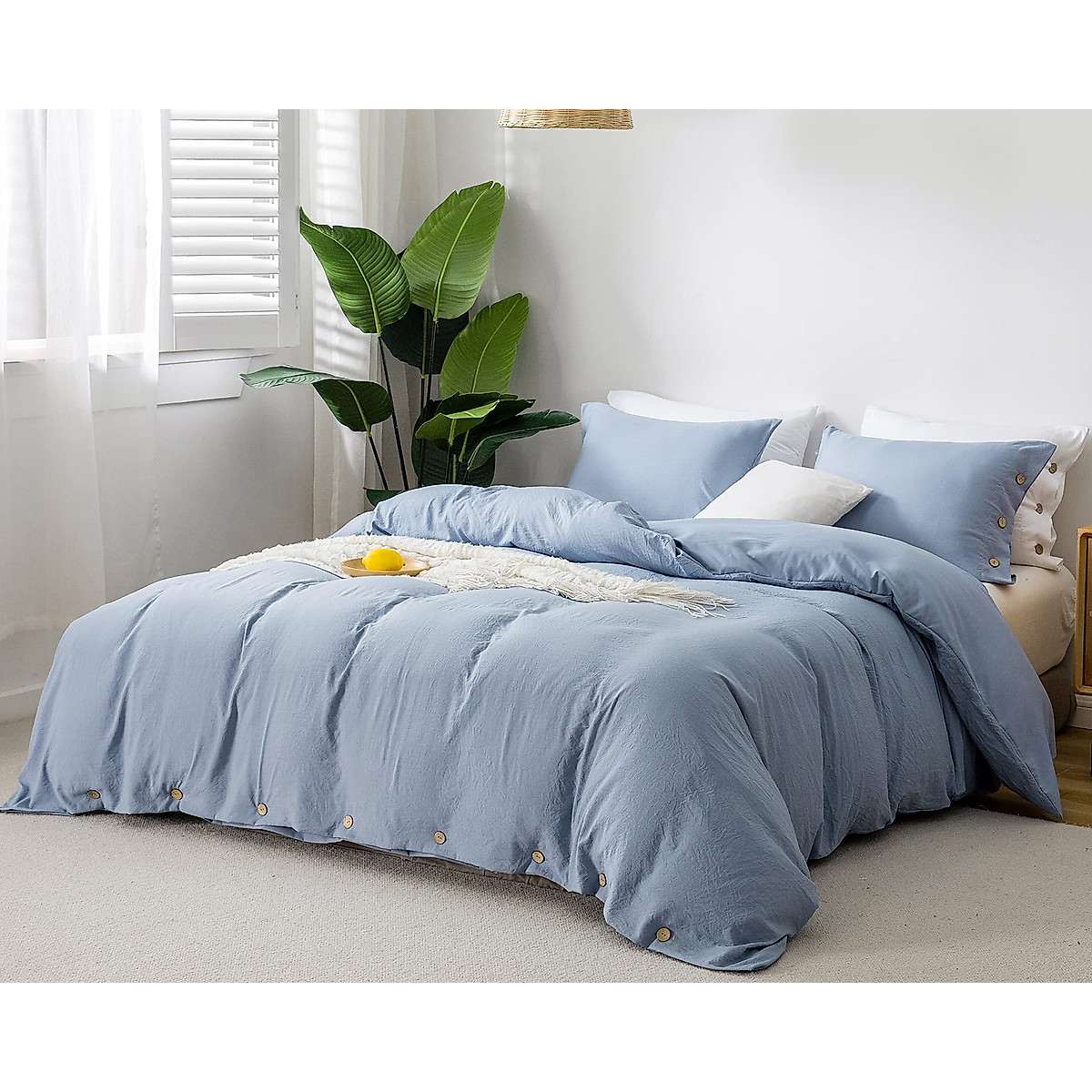 Rose Lake Grayish Blue Duvet Covers King Size Soft Lightweight Washed Duvet Cover 3 Pieces Bedding Sets with Button Closure, 1 Duvet Cover 104x90 inches and 2 Pillow Cases (No Comforter)