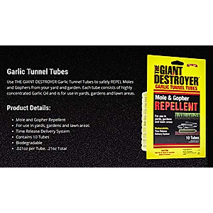 The Giant Destroyer Garlic Tunnel Tubes Repels Moles, Gophers, Skunks and Other Burrowing Rodents in Yards, Gardens & Lawn Areas, 10-12 Months, Highly Concentrated Garlic Oil (120 Tubes)