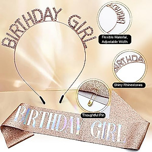 PAPARELA Birthday Crown Rose Gold Birthday Sash Rhinestone Tiara Set for Girl Headband Princess Crowns for Birthday Party Pageant Gifts for Women