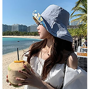 HUAMULAN Women Wide Brim Summer Sun Hat Floral Beach Lady Fishing Bucket Hats Reversible Foldable Travel UV Protection Windproof