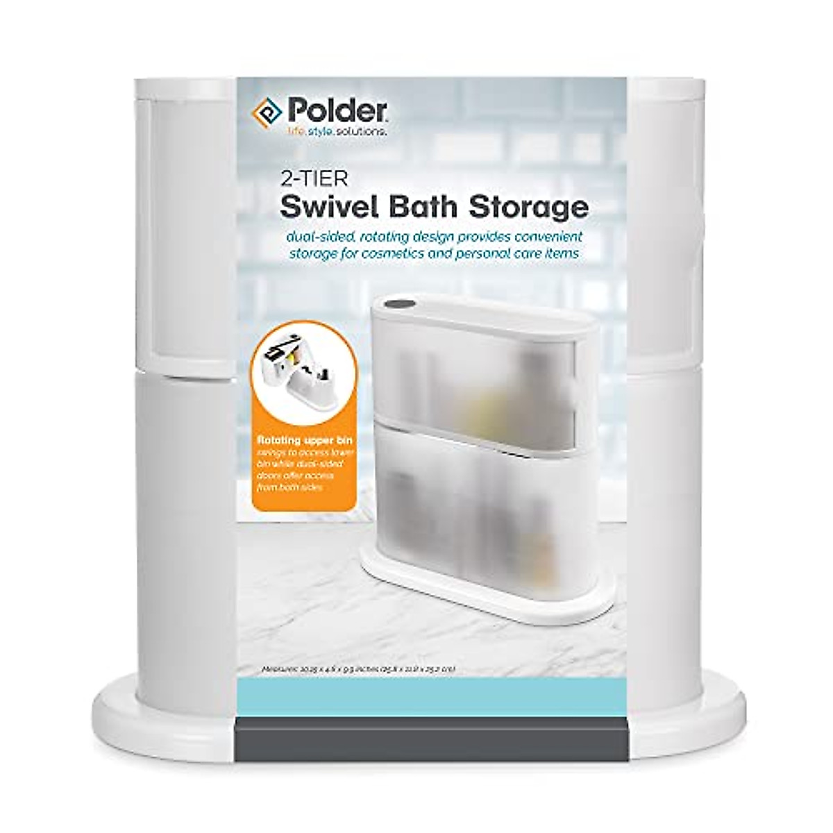 Polder 2-Tier Swivel Bath Storage with rotating caddy and dual-sided access for convenient storage