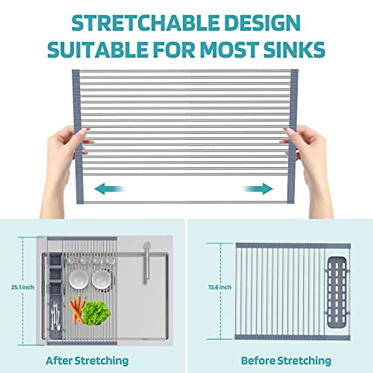 Extra Large Expandable Roll Up Dish Drying Rack Up to 25.1''with 2 Storage Baskets,Over The Sink Kitchen Rolling up Dishes Drainer, Foldable,Rollable for Fruits