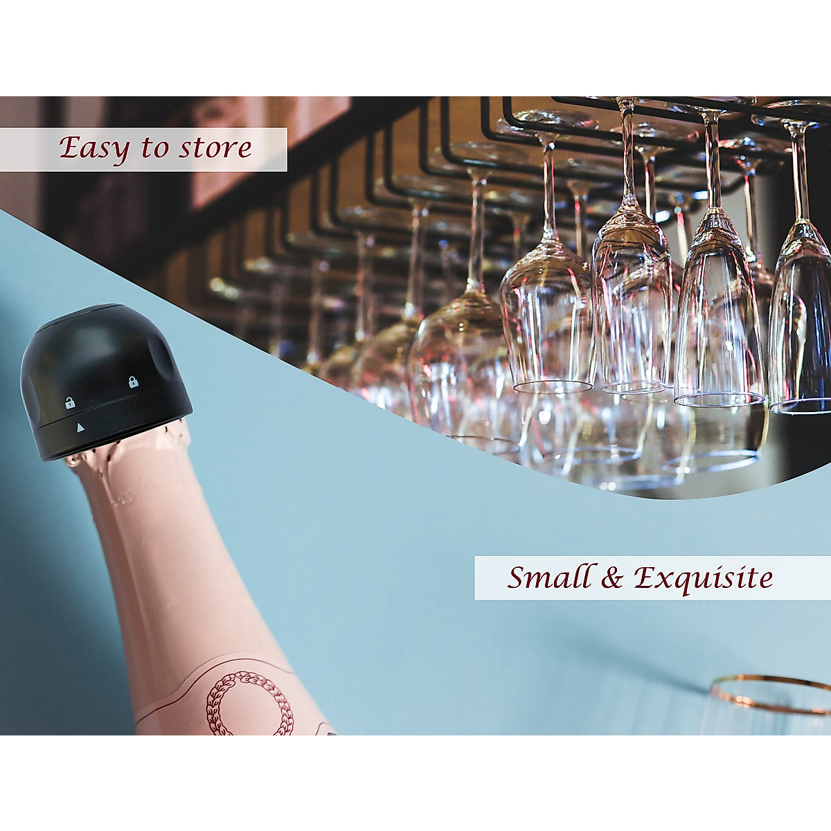 YOOHOTOUCH Champagne Stopper,2Pack Mini Champagne Saver Stoppers, Reusable Vacuum Leakproof Champagne Sealer,Perfect for Champagne, Cava, Prosecco & Sparkling Wine Bottle