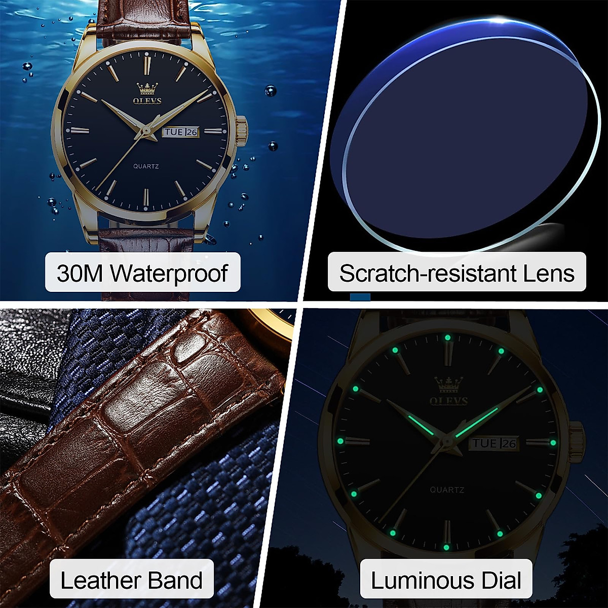 QBAIZI Mens Watches Black Face Day Date Gold Dress Watch for Men Brown Leather Band Classic Minimalist Analog Men's Wrist Watches Waterproof Reloj para Hombre