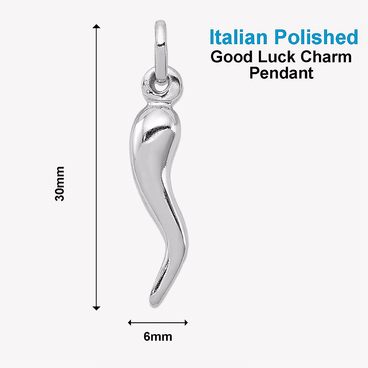 Sterling Silver Italian Polished Rhodium Horn Cornicello Good Luck Charm Pendant - 6mm x 30mm - Italian Horn Necklace for Women Men - Protection Charm