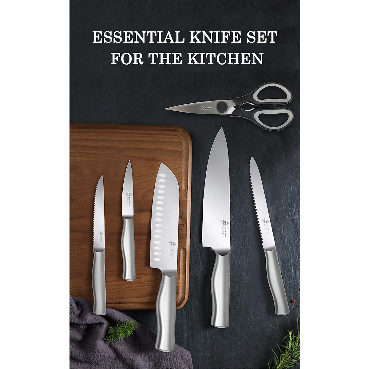 TUO Knife Block Set - 7 piece Kitchen Knife Set with Wooden Block, Kitchen Chef Knife Set - Ergonomic Pakkawood Handle - German HC Steel - BLACK HAWK SERIES with Gift Box