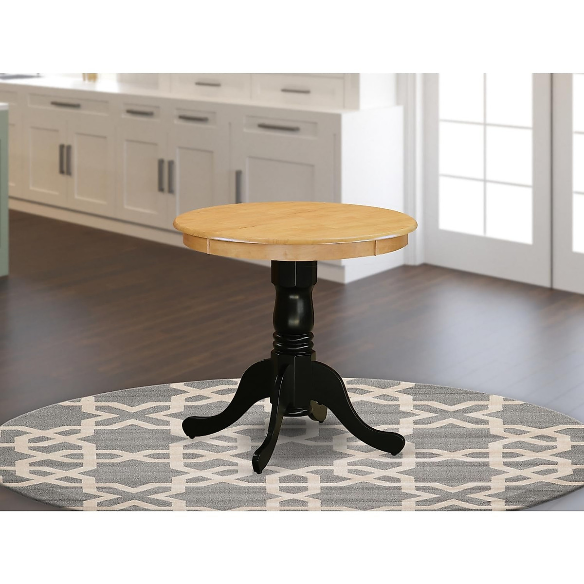 HomeStock Rustic Retreat Edan Dining Table Made of Rubber Wood Offering Oak Finish Table Top, 30 Inch Round, Wirebrushed Black Finish Pedestal