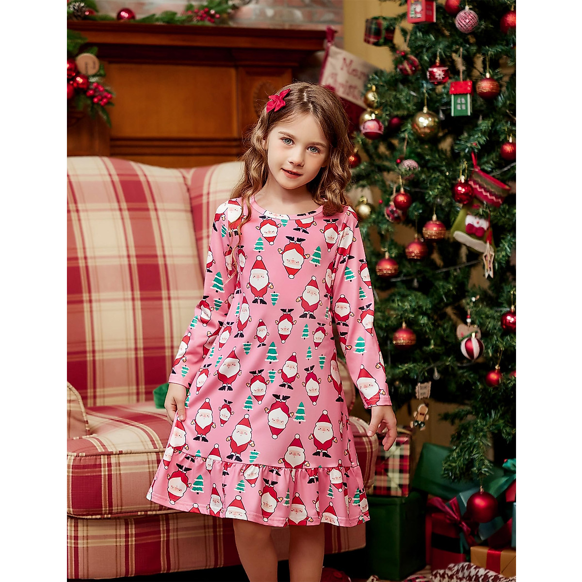 Arshiner Girls' Sleepwear Long Sleeve Cute Nightgown Nightie Pajama Dress Pink Christmas 9-10Y