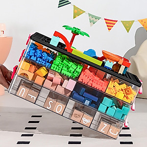 Toys Storage Organizer Bins for Lego, Stackable Toys Organizer, Lego Building Block Storage, Toy Storage Box with 24 Palace Grids, Plastic Stackable Organizer Bins (Black 1Layers)