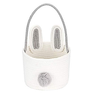 Sea Team Easter Bunny Basket for Eggs Hunt, Easter Eggs Bucket, Small Woven Cotton Rope Tote Bag with Rabbit Ears & Fluffy Tail for Kids, Easter Days Decoration, Party, Holidays, Gray
