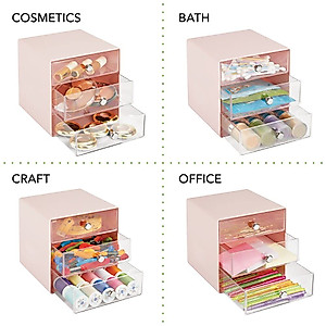 mDesign Plastic 3 Drawer Cosmetic Organizer - Stackable Storage Cube with Pull-Out Drawers for Bathroom Countertop, Vanity, Desk - Makeup Storage Drawers, Lumiere Collection, 2 Pack, Light Pink/Clear