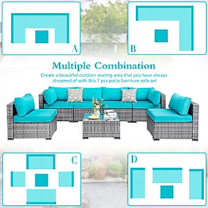 Shintenchi 7 Pieces Outdoor Patio Sectional Sofa Couch, Silver Gray PE Wicker Furniture Conversation Sets with Washable Cushions & Glass Coffee Table for Garden, Poolside, Backyard (Sky Blue)