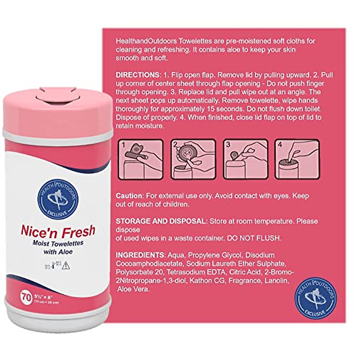 HAO Nice 'n Fresh Moist Towelettes Refreshing Skin Cleansing Wipes With Aloe and Lanolin (70 Count) Travel Tub